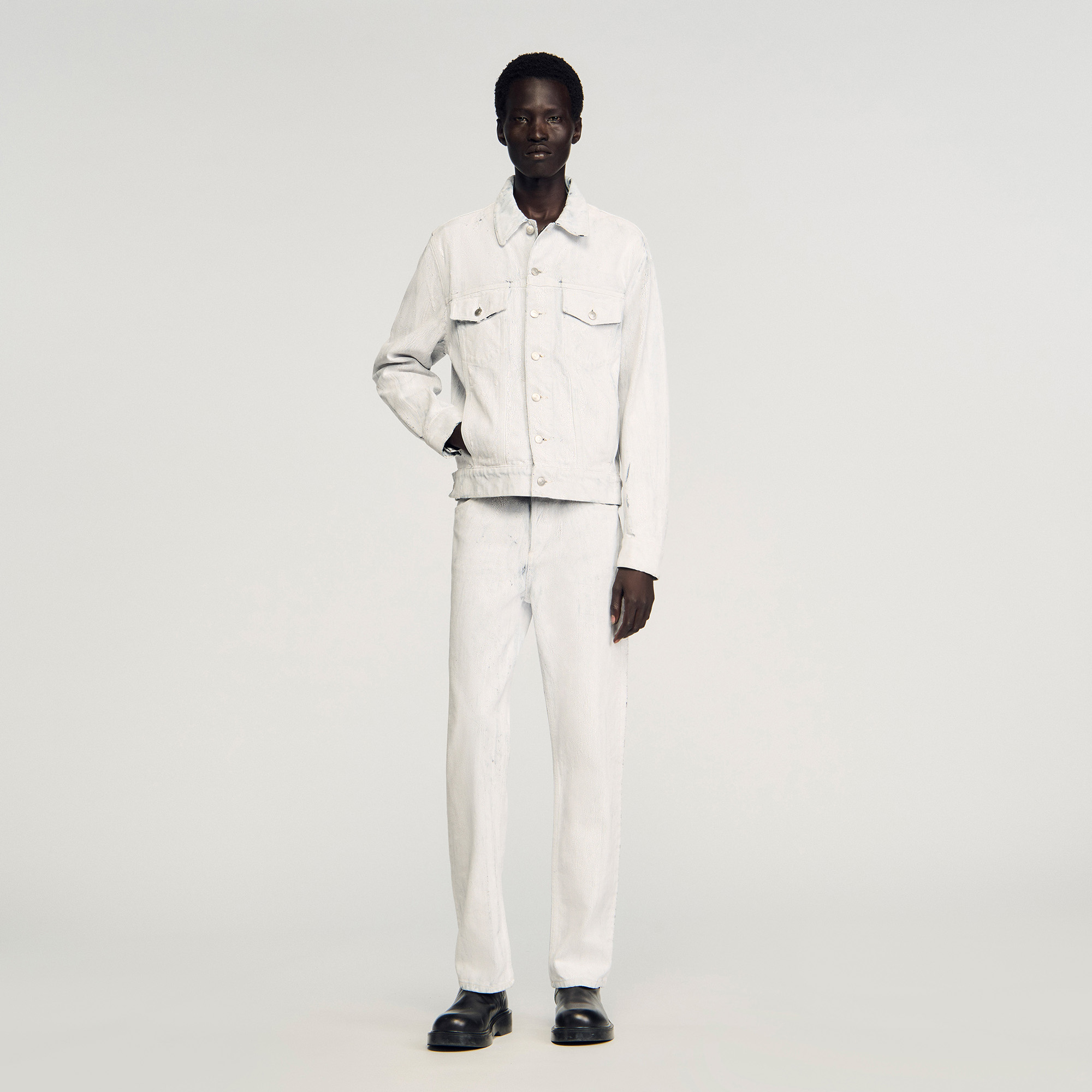 Giacca in denim cerato craquelé beige da uomo | Sandro Paris