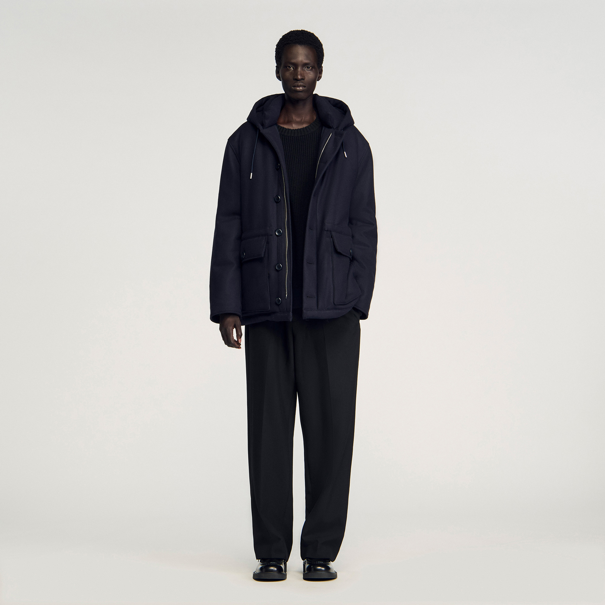 Parka in lana con cappuccio blu da uomo | Sandro Paris